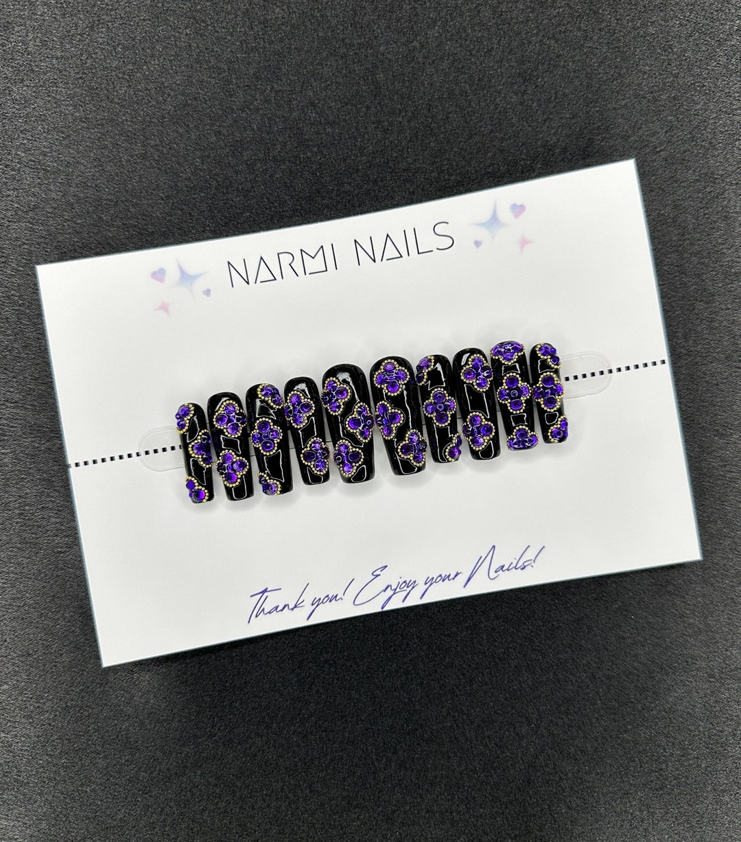 Black Purple Gold Van Cleef Glam Rhinestones Long Square Presson Nails ...