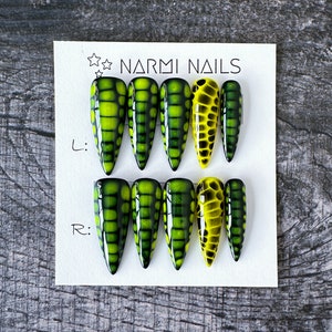 Snake Reptilian Skin Black Neon Yellow Green Long Stiletto Press on ...