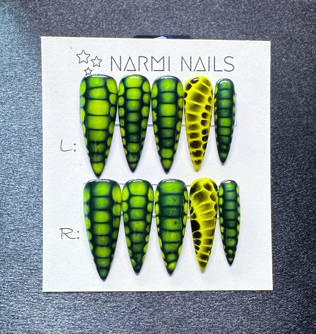 Snake Reptilian Skin Black Neon Yellow Green Long Stiletto Press on ...