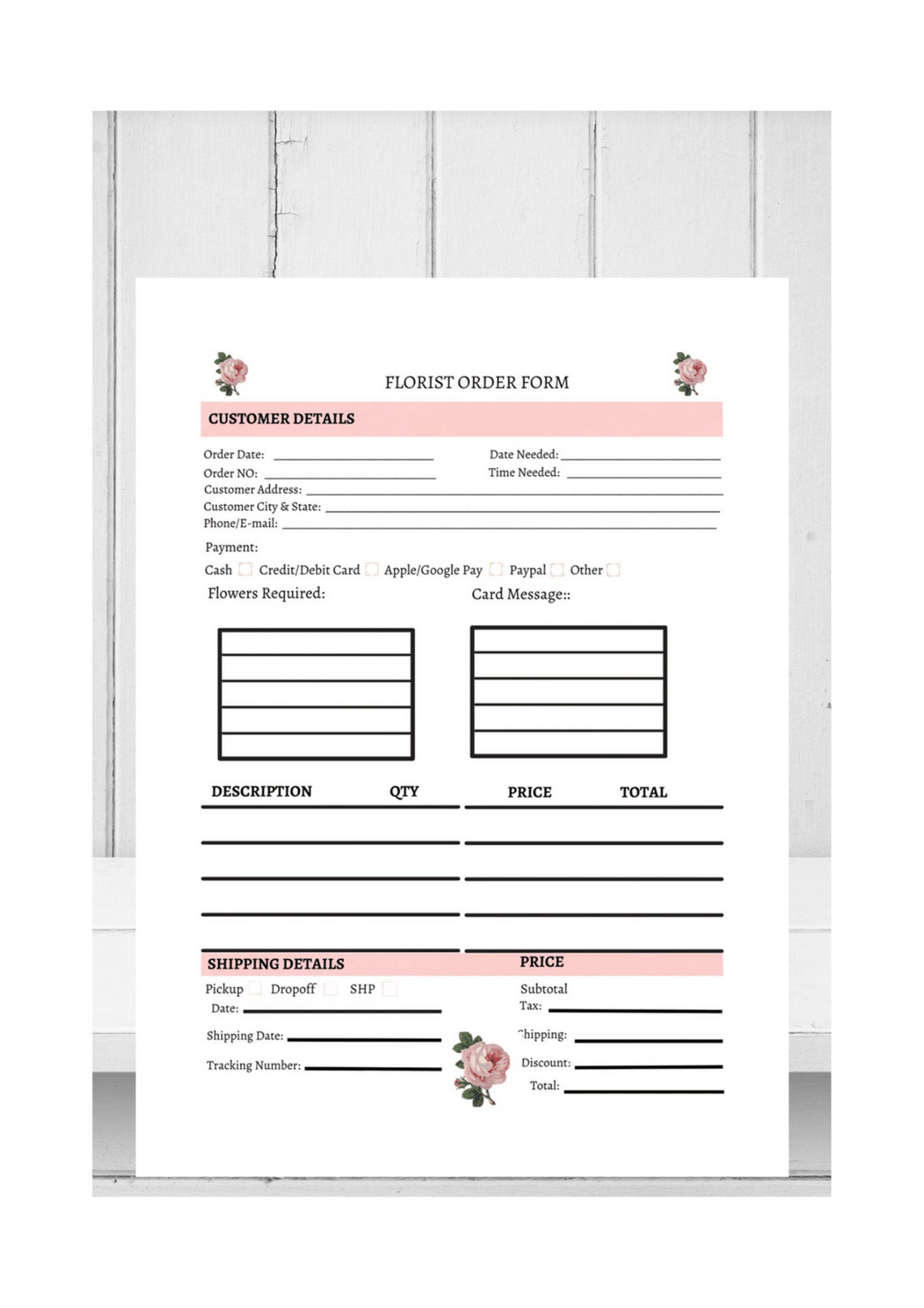 Printable Florist Order Form, Flowers Order Form Template, Florist ...