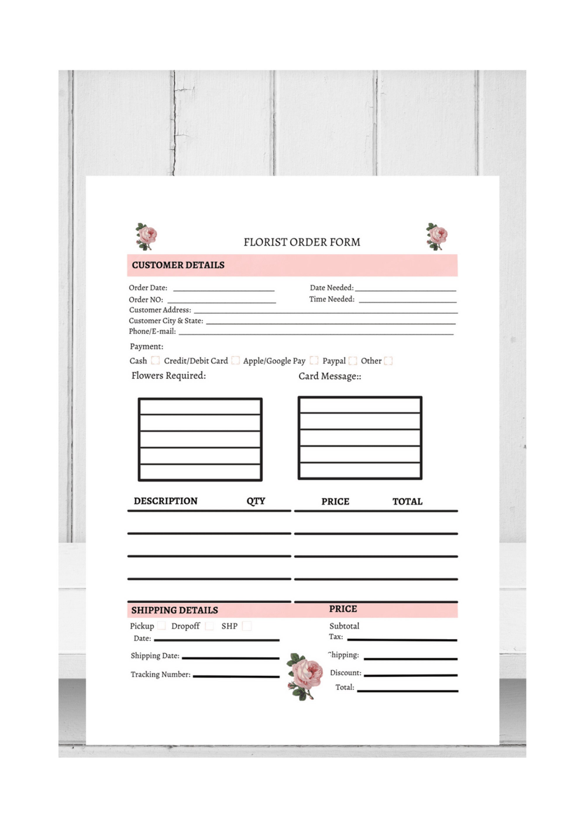 Printable Florist Order Form, Flowers Order Form Template, Florist ...