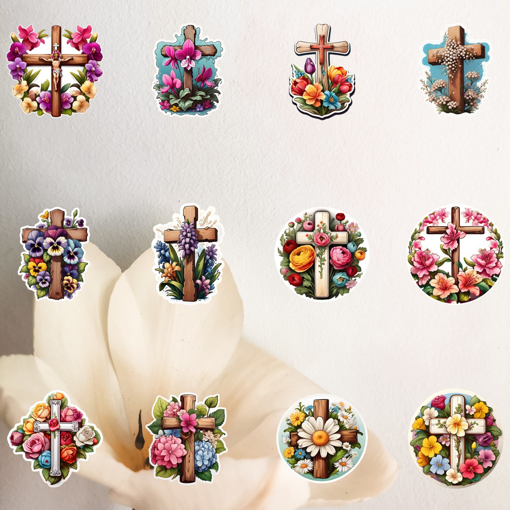 Easter Stickers Printable, Easter Floral Cross Stickers, 24 Easter Png ...