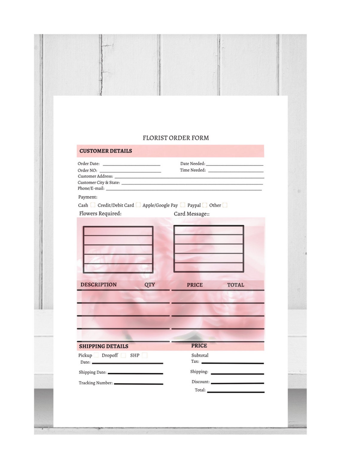 Printable Florist Order Form, Flowers Order Form Template, Florist ...