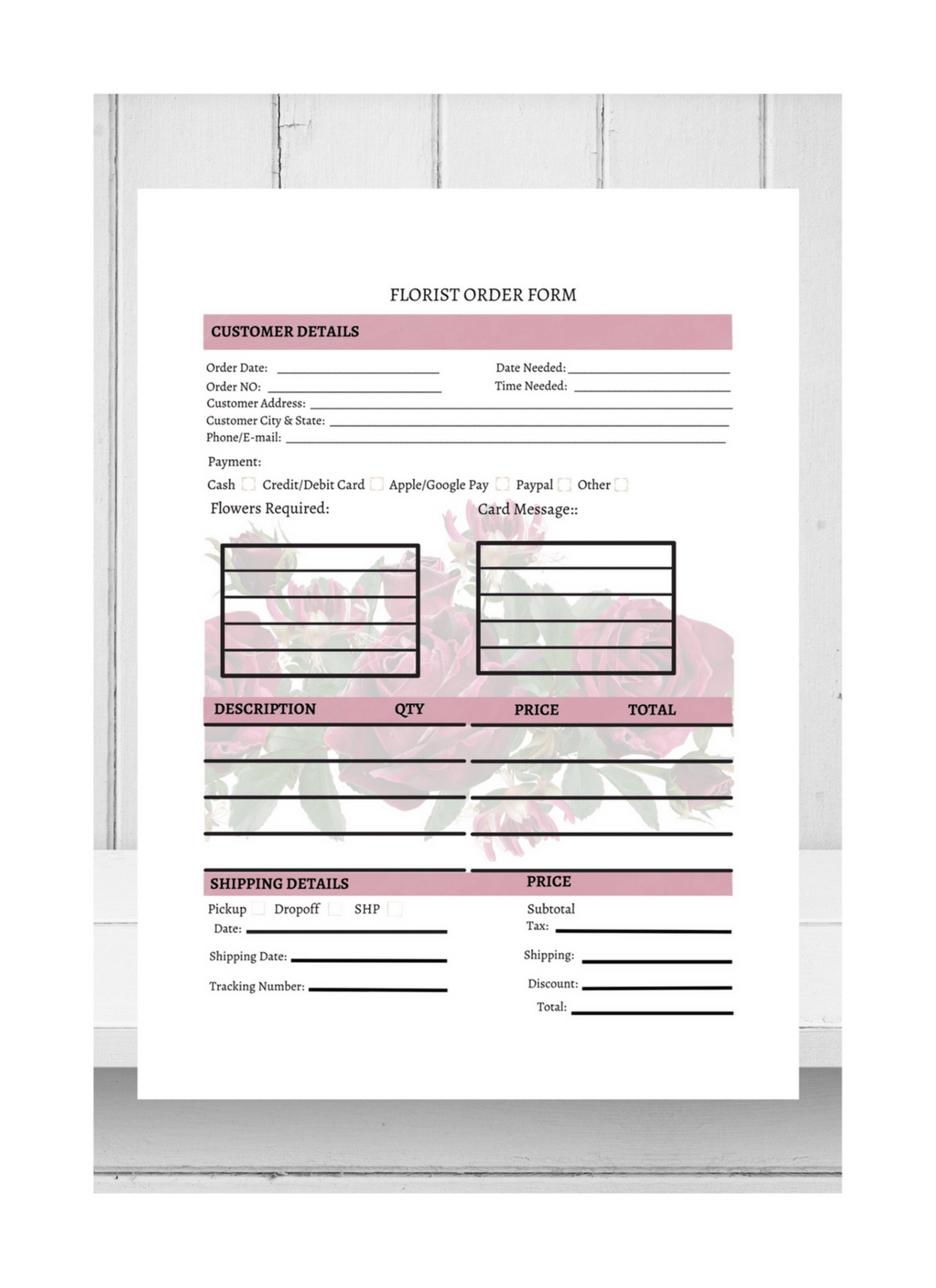 Printable Florist Order Form, Flowers Order Form Template, Florist ...