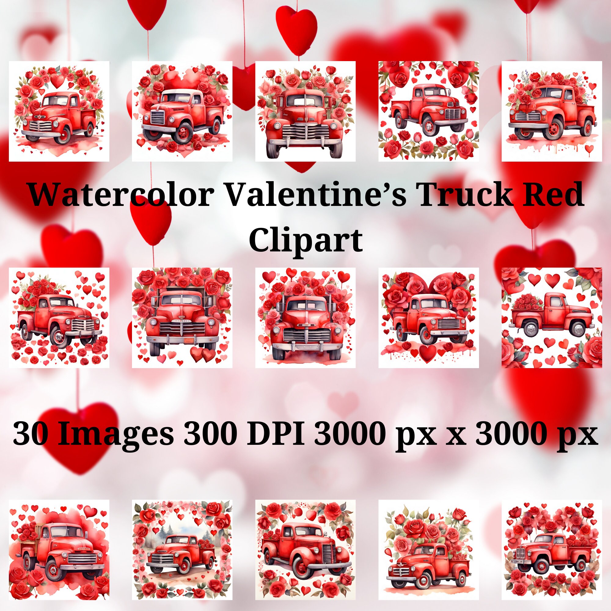 Watercolor Valentine's Day Clipart, Valentine Red Truck, Valentine ...