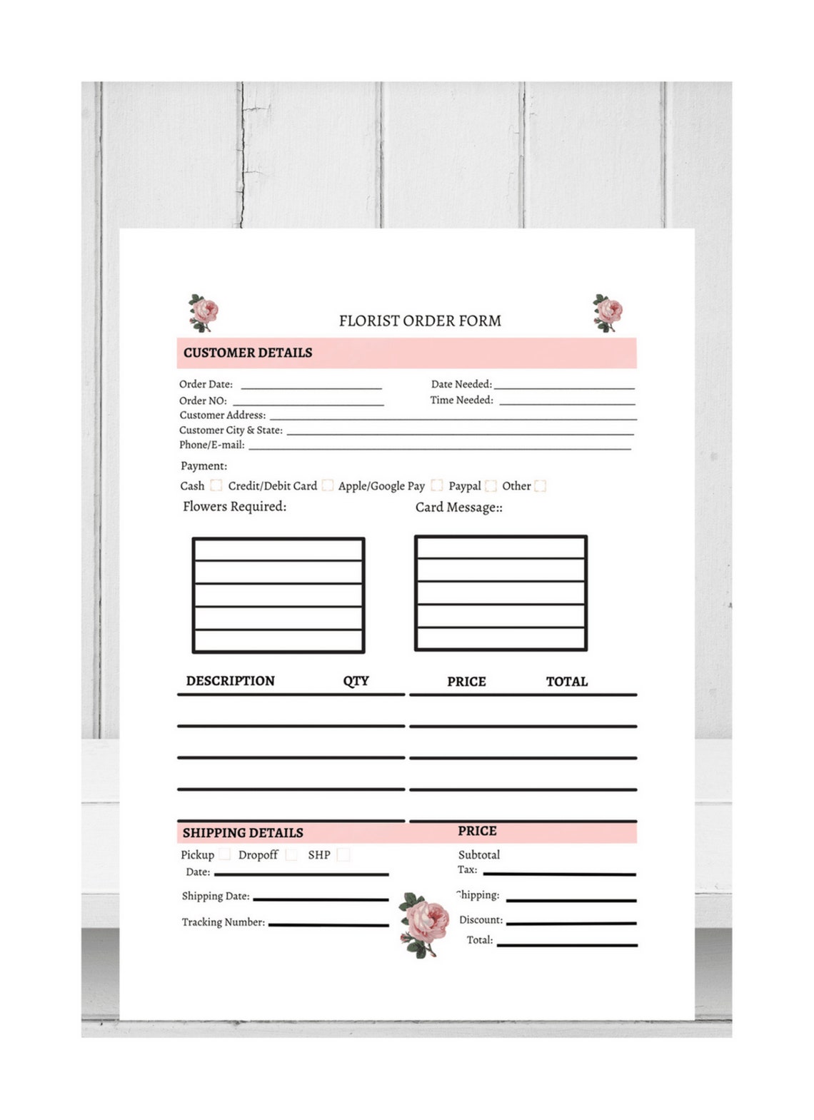 Printable Florist Order Form, Flowers Order Form Template, Florist ...