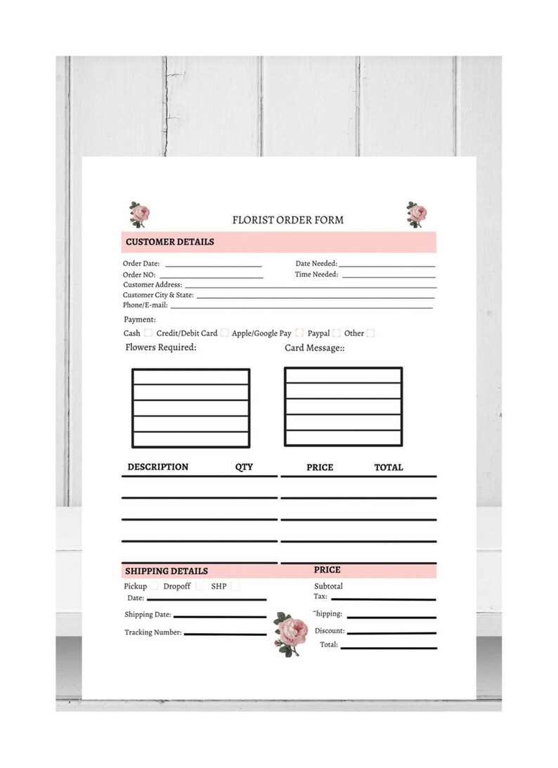 Printable Florist Order Form, Flowers Order Form Template, Florist ...
