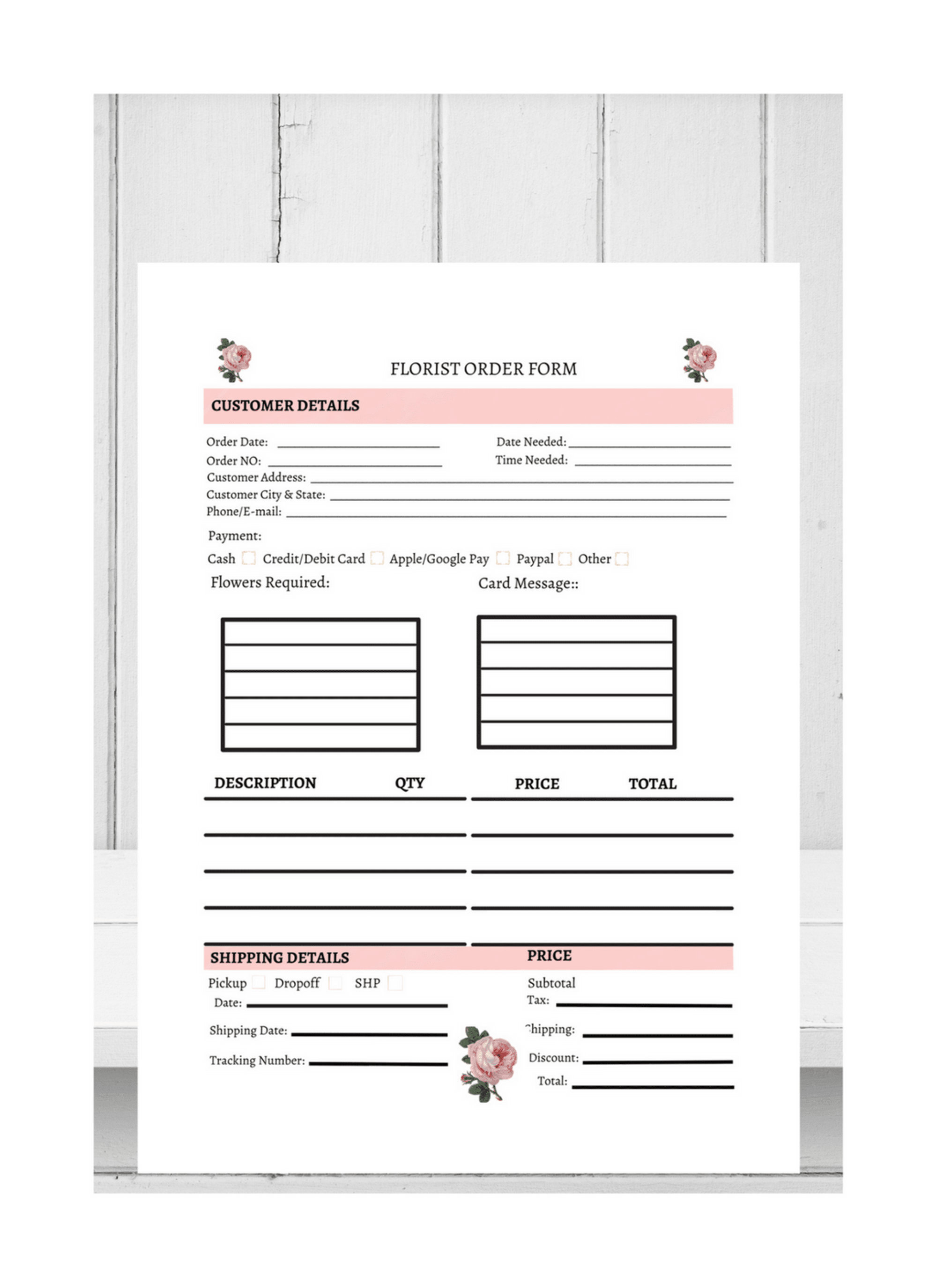 Printable Florist Order Form, Flowers Order Form Template, Florist ...