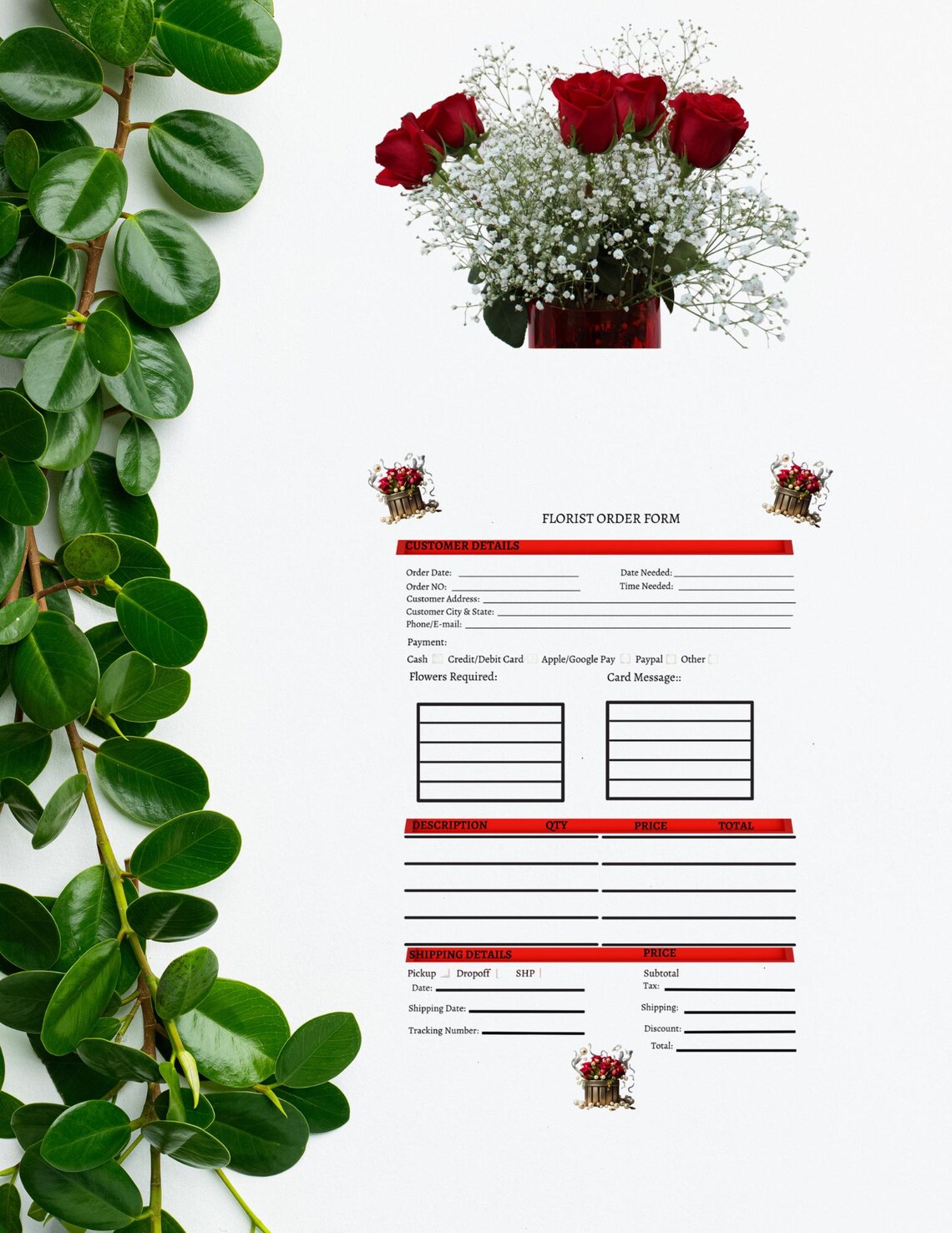 Floral Order Form Template, Red Roses, Editable Canva Design (PDF) - Etsy