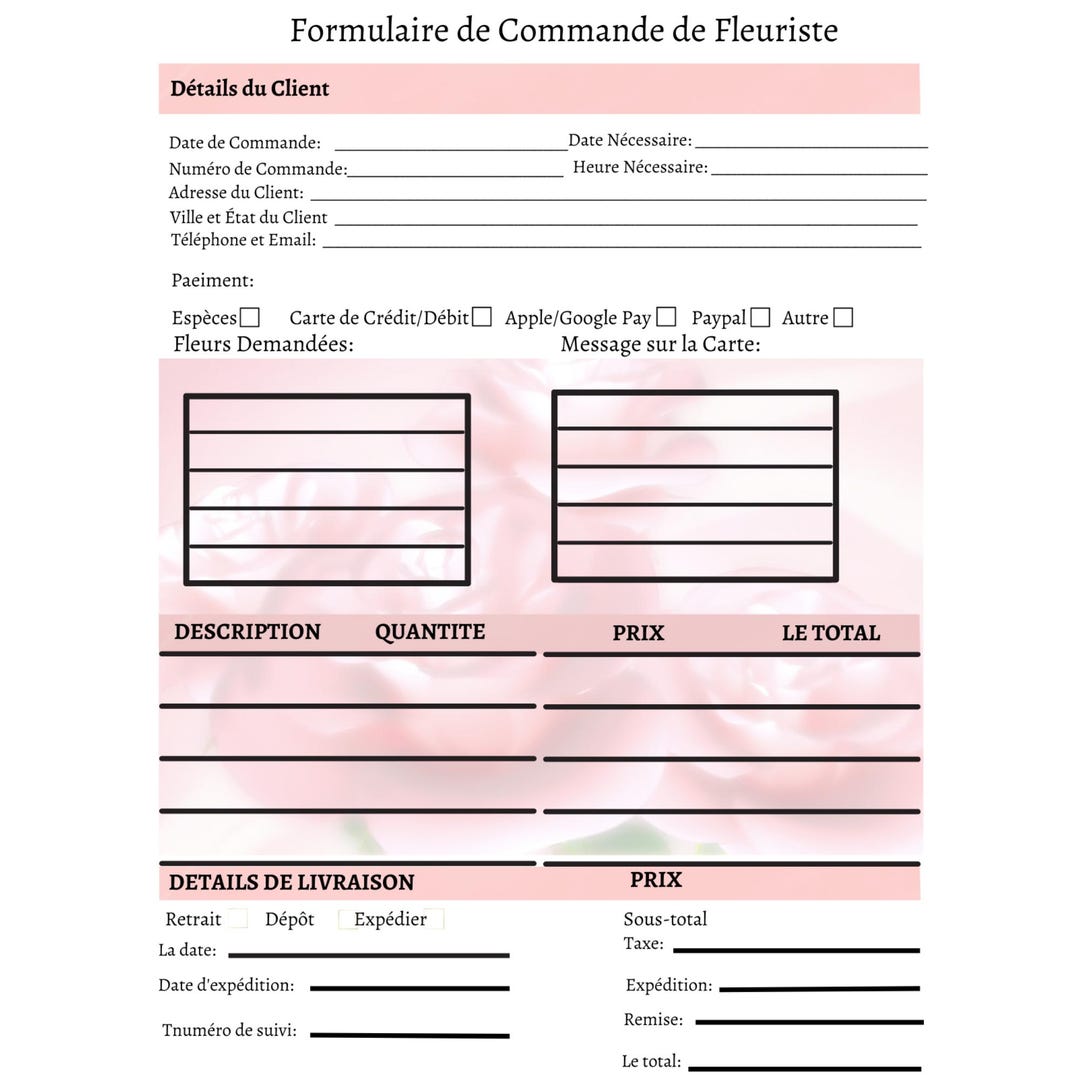 Editable Florist Order Form Template, Roses Design (PDF) - Etsy