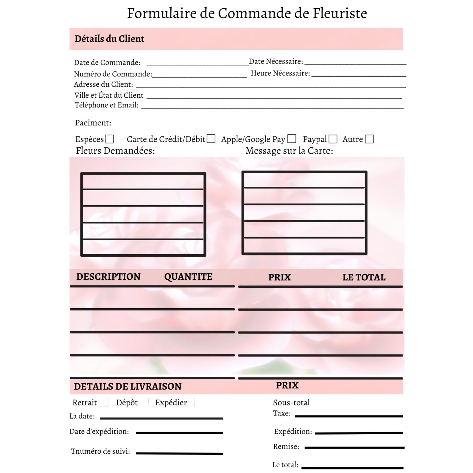 Editable Florist Order Form Template, Roses Design (PDF) - Etsy