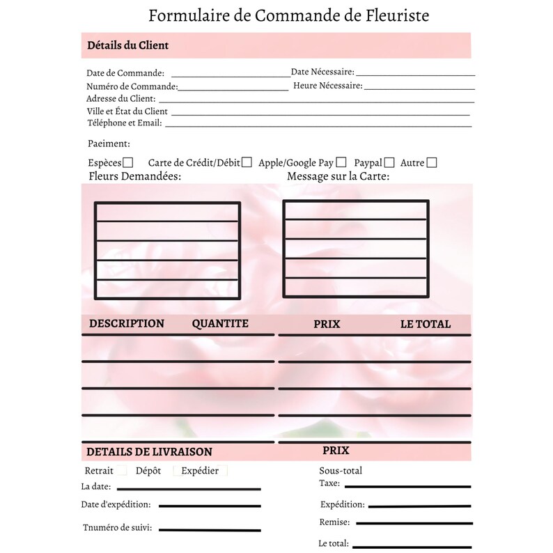 Editable Florist Order Form Template, Roses Design (PDF) - Etsy