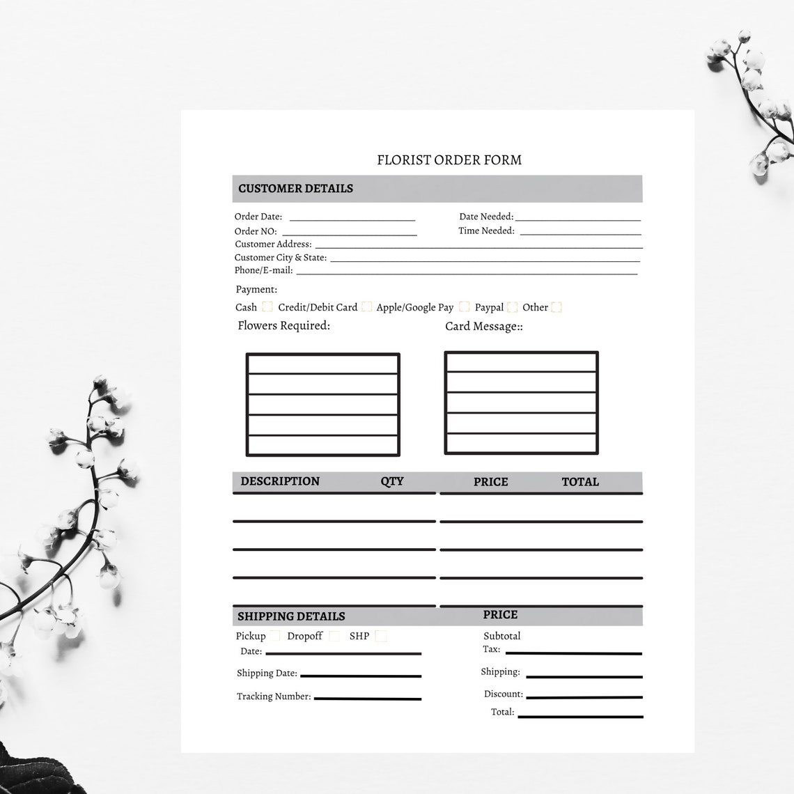 Printable Florist Order Form Plain, Flowers Order Form Template ...