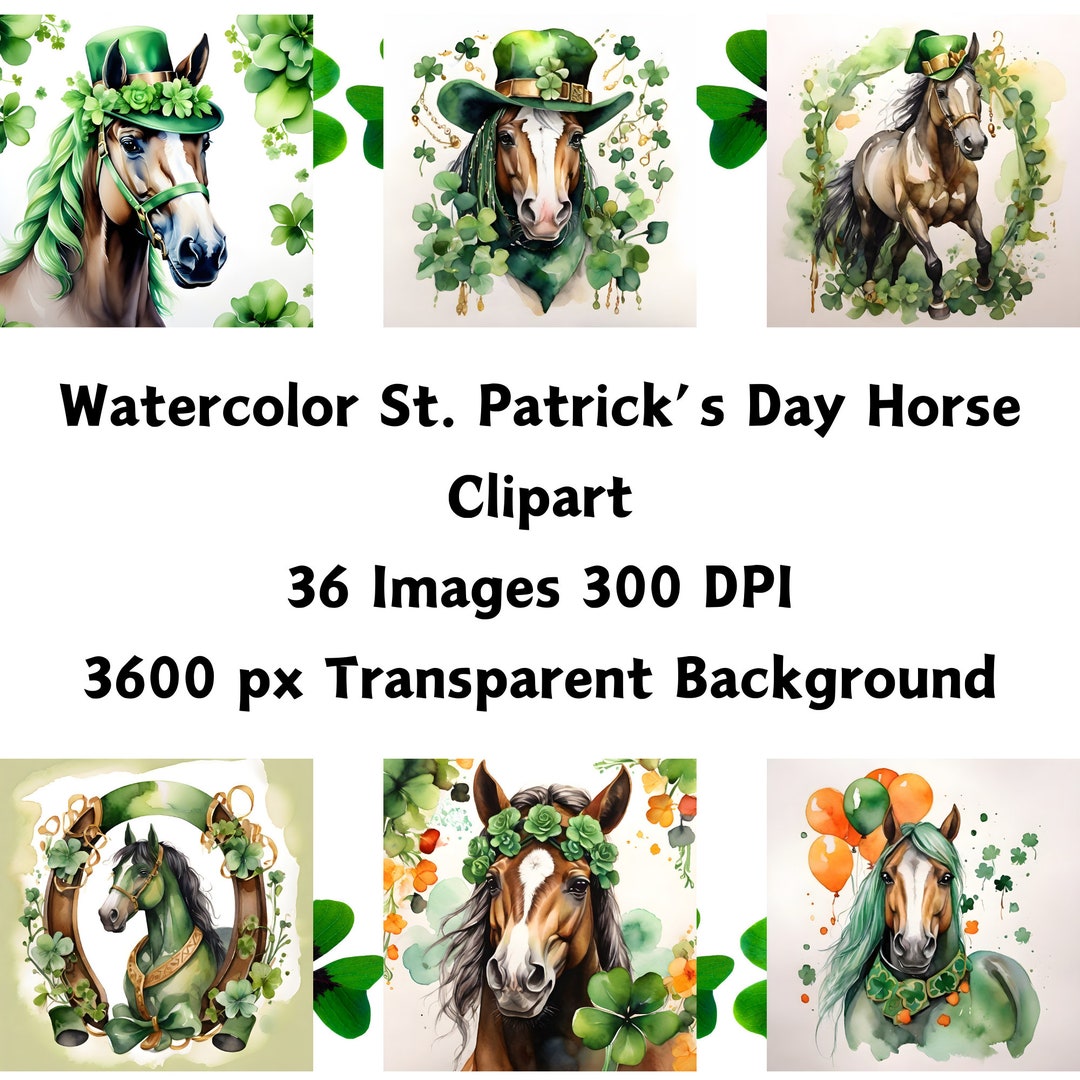 Watercolor St. Patrick's Day Horse Clipart, 36 PNG Horse Clipart Set ...