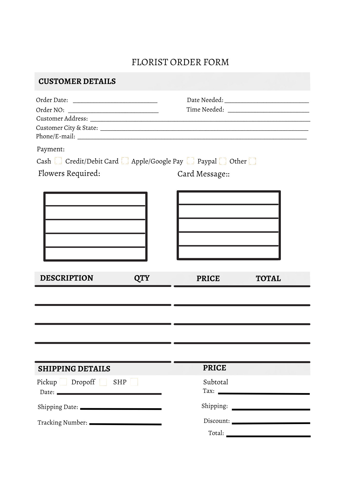 Printable Florist Order Form Plain, Flowers Order Form Template ...