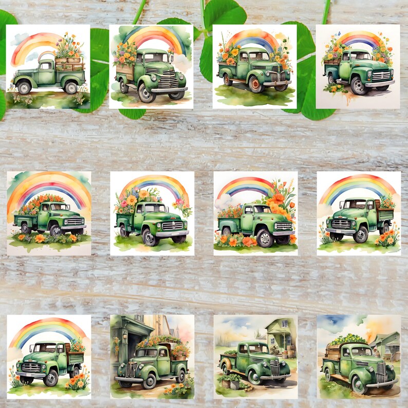 Watercolor St. Patrick's Day Truck Clipart, Vintage Green Truck Clipart ...