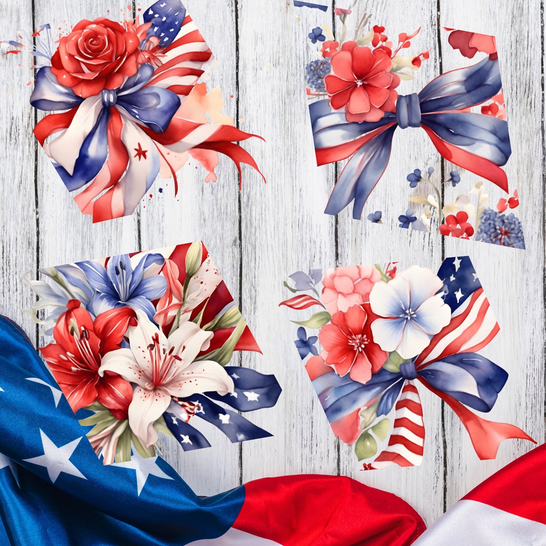 Watercolor 4th of July Ribbons Clipart, Coquette Red White & Blue ...
