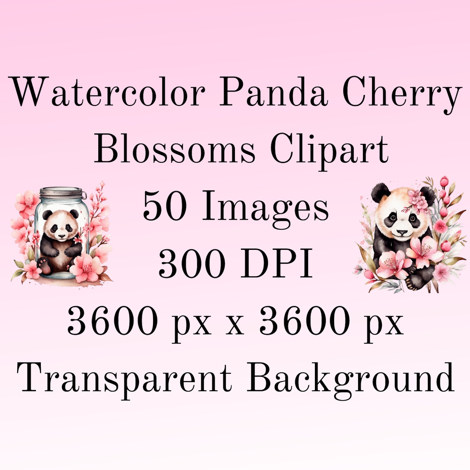 Watercolor Panda Cherry Blossoms Vintage Clipart, 50 Panda Clipart and ...