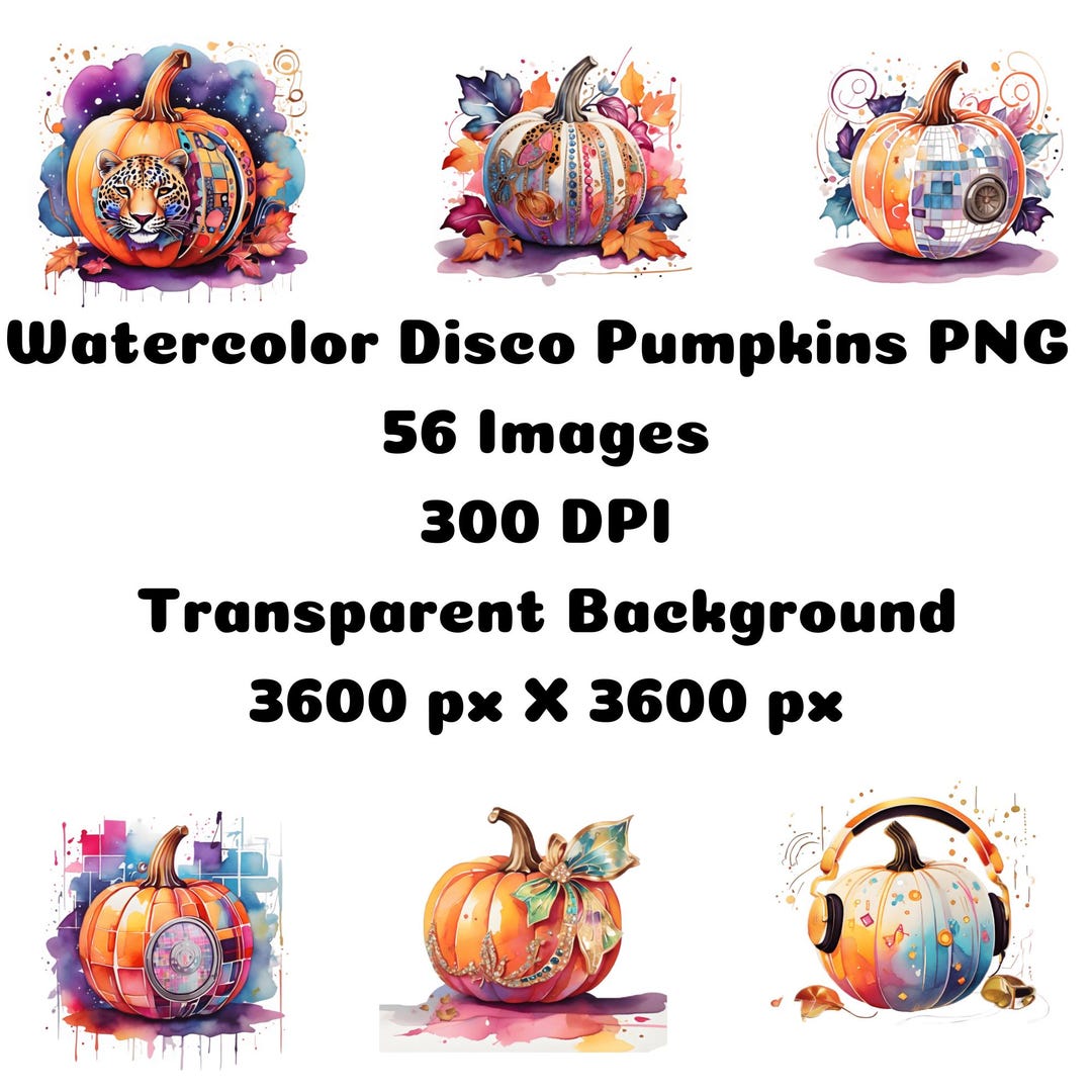 56 Fall Disco Pumpkin Clipart PNG: Autumn Trendy Design Watercolor ...
