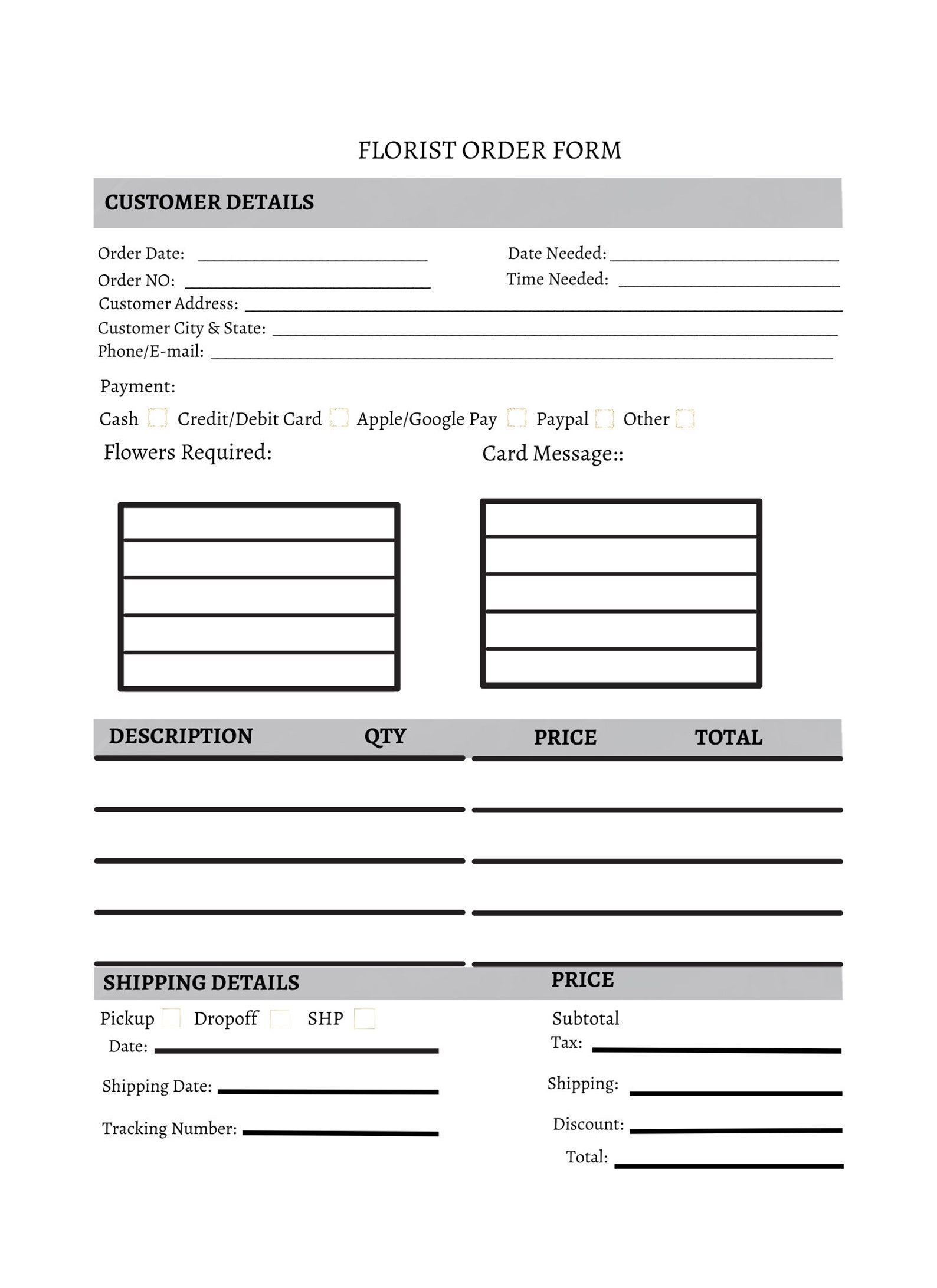 Printable Florist Order Form Plain, Flowers Order Form Template ...