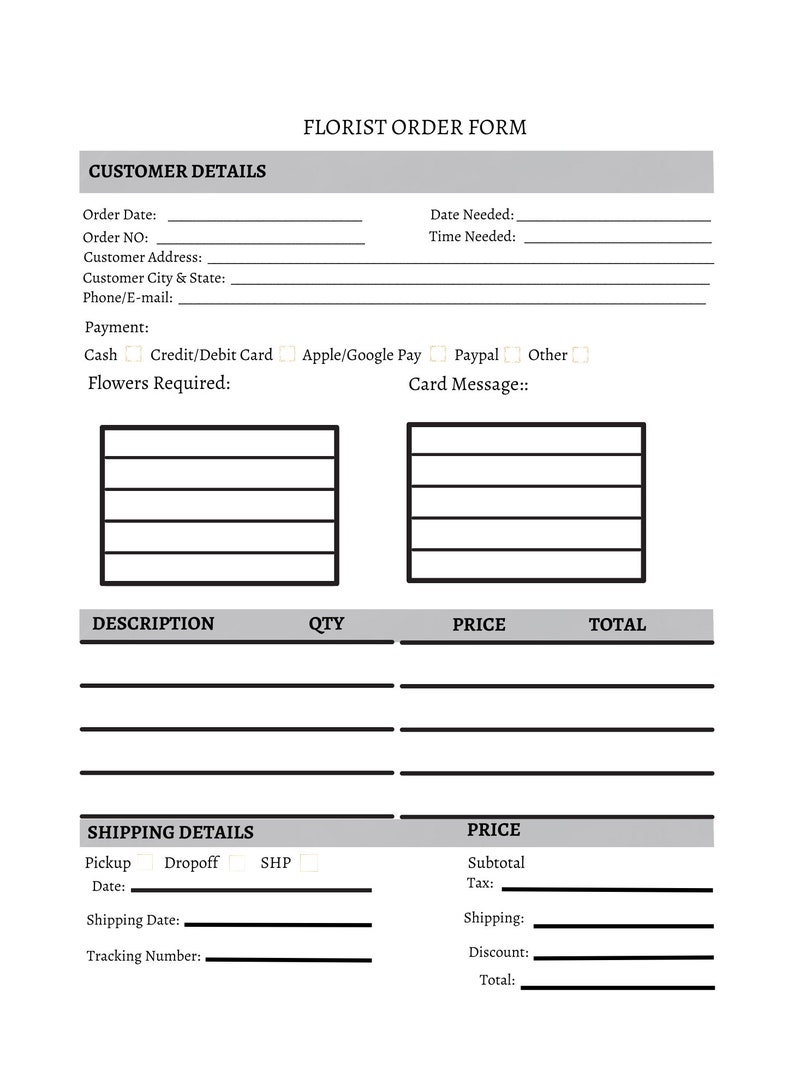Printable Florist Order Form Plain, Flowers Order Form Template ...
