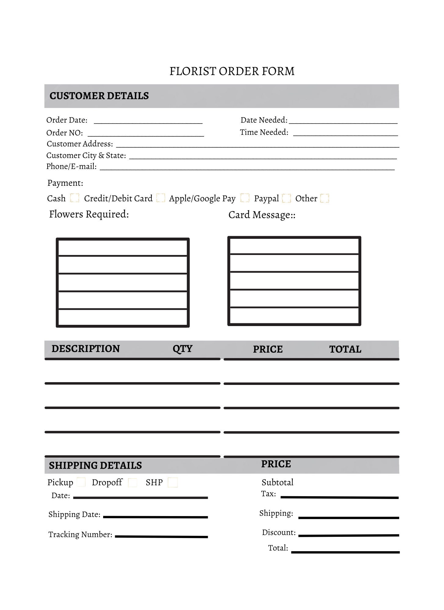 Printable Florist Order Form Plain, Flowers Order Form Template ...