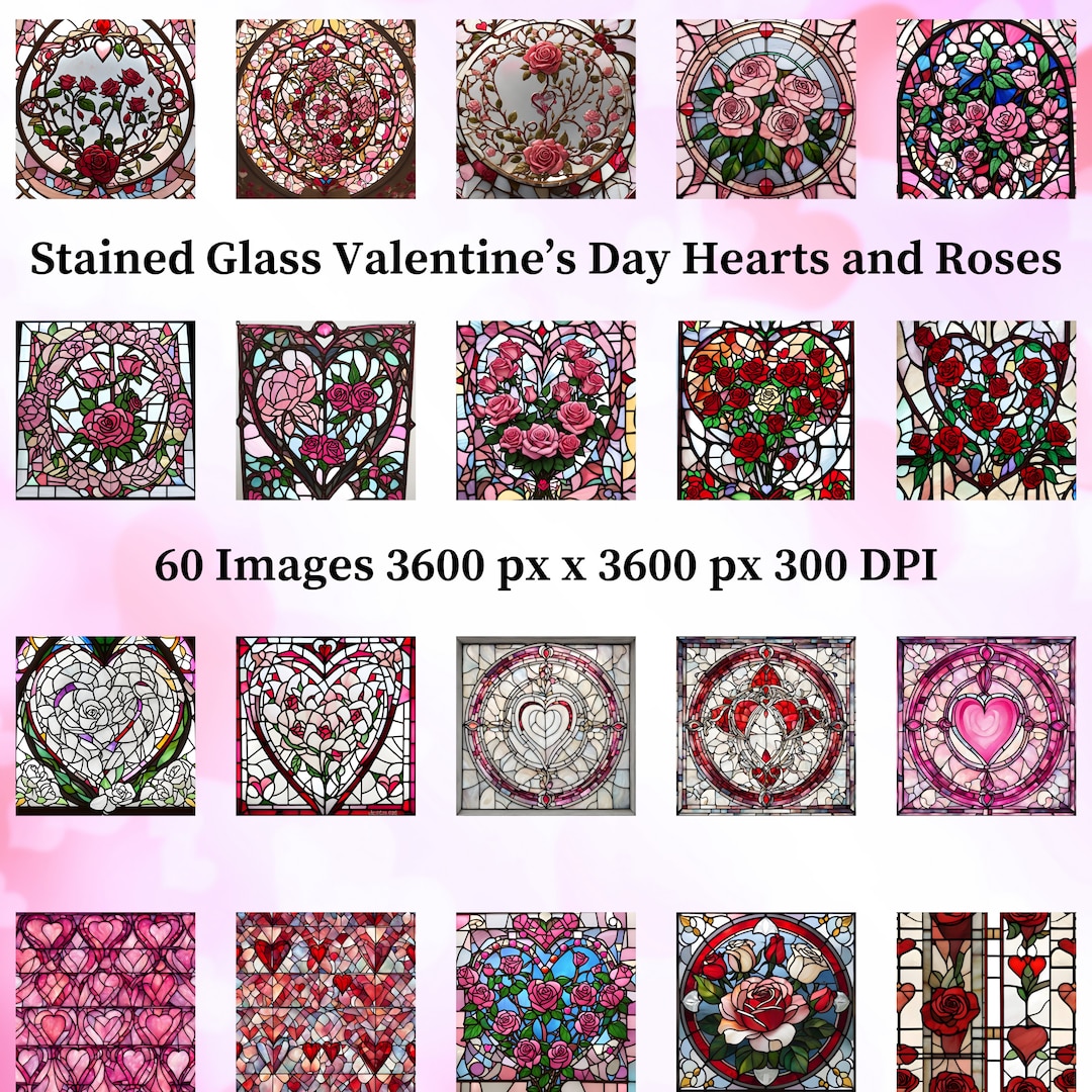 Stained Glass Valentine's Day, Heats and Roses, Square Stained Glass ...