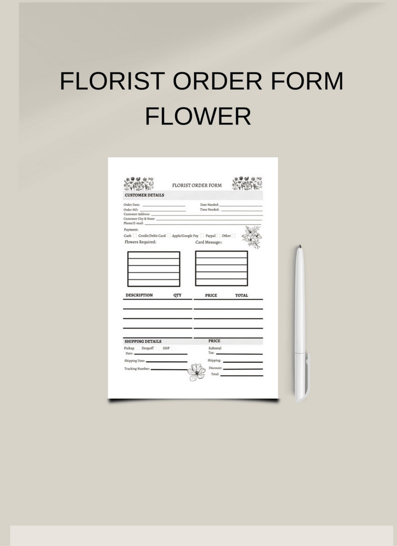 Printable Florist Order Form, Flowers Order Form Template, Florist ...