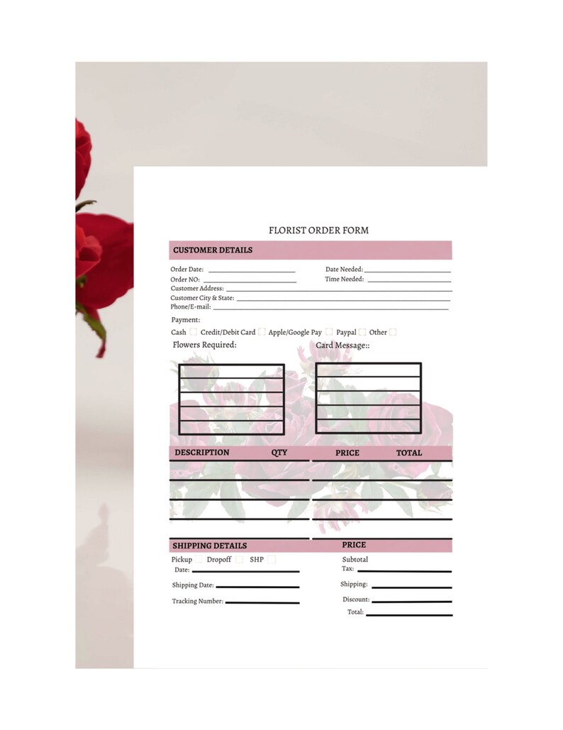 Printable Florist Order Form Template (PDF Files) - Etsy