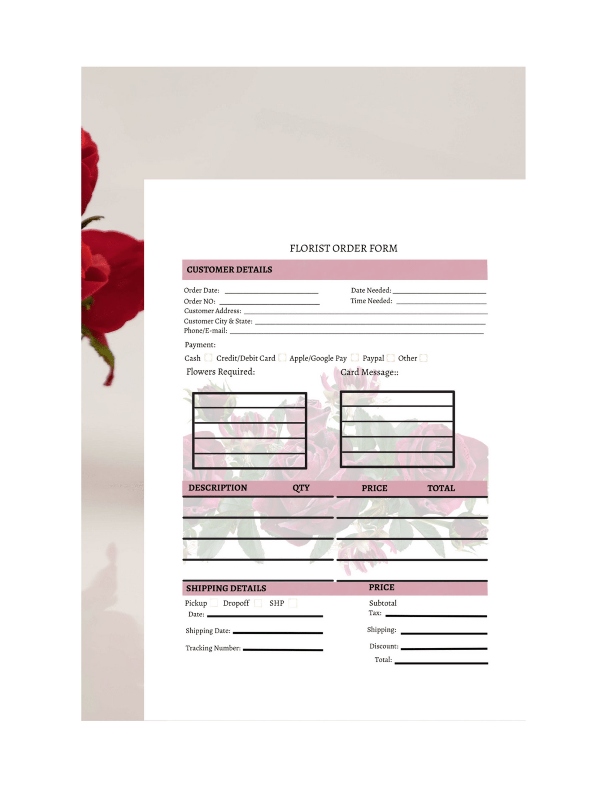 Printable Florist Order Form, Flowers Order Form Template, Florist ...