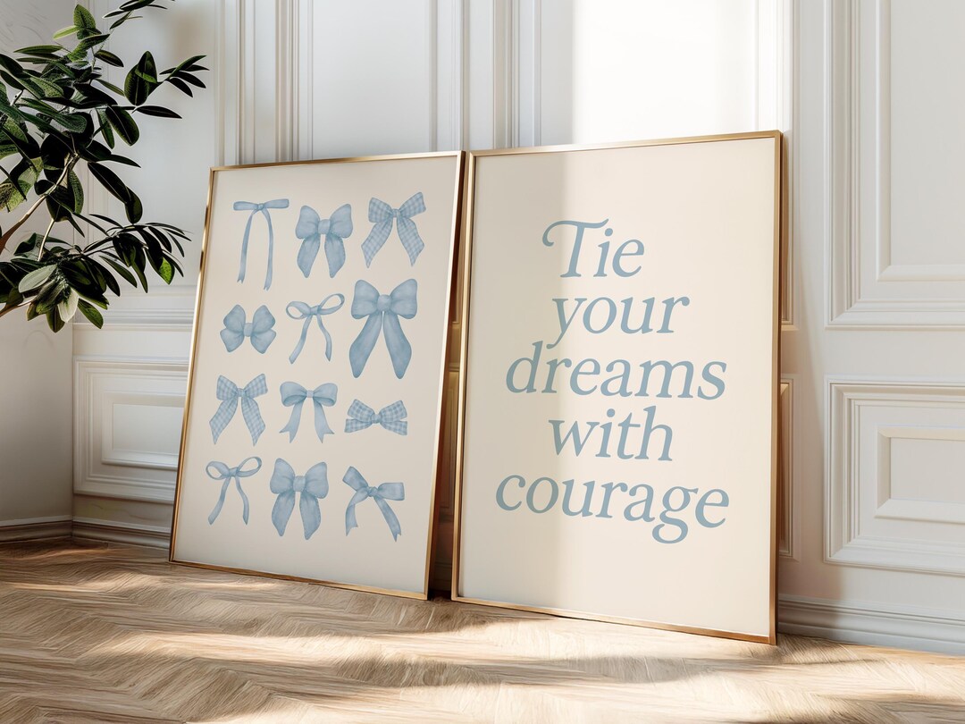 Blue Bow Poster Set Pastel Ribbon Wall Art Inspirational Quote Digital ...
