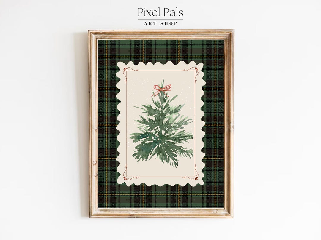Plaid Christmas Tree Print, Red Bow, Preppy Vintage Holiday Decor ...
