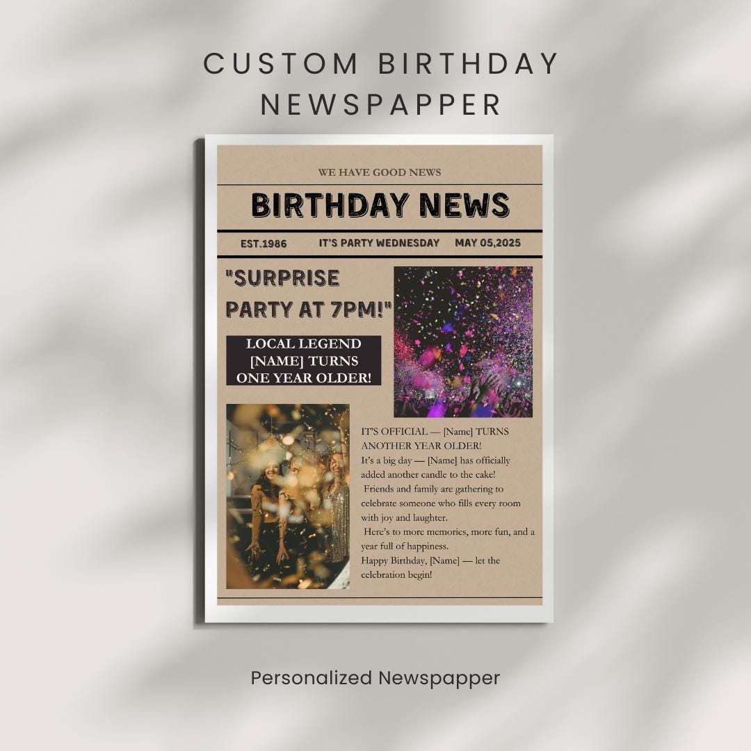 Custom Birthday Newspaper Poster, Editable Surprise Party Invitation ...