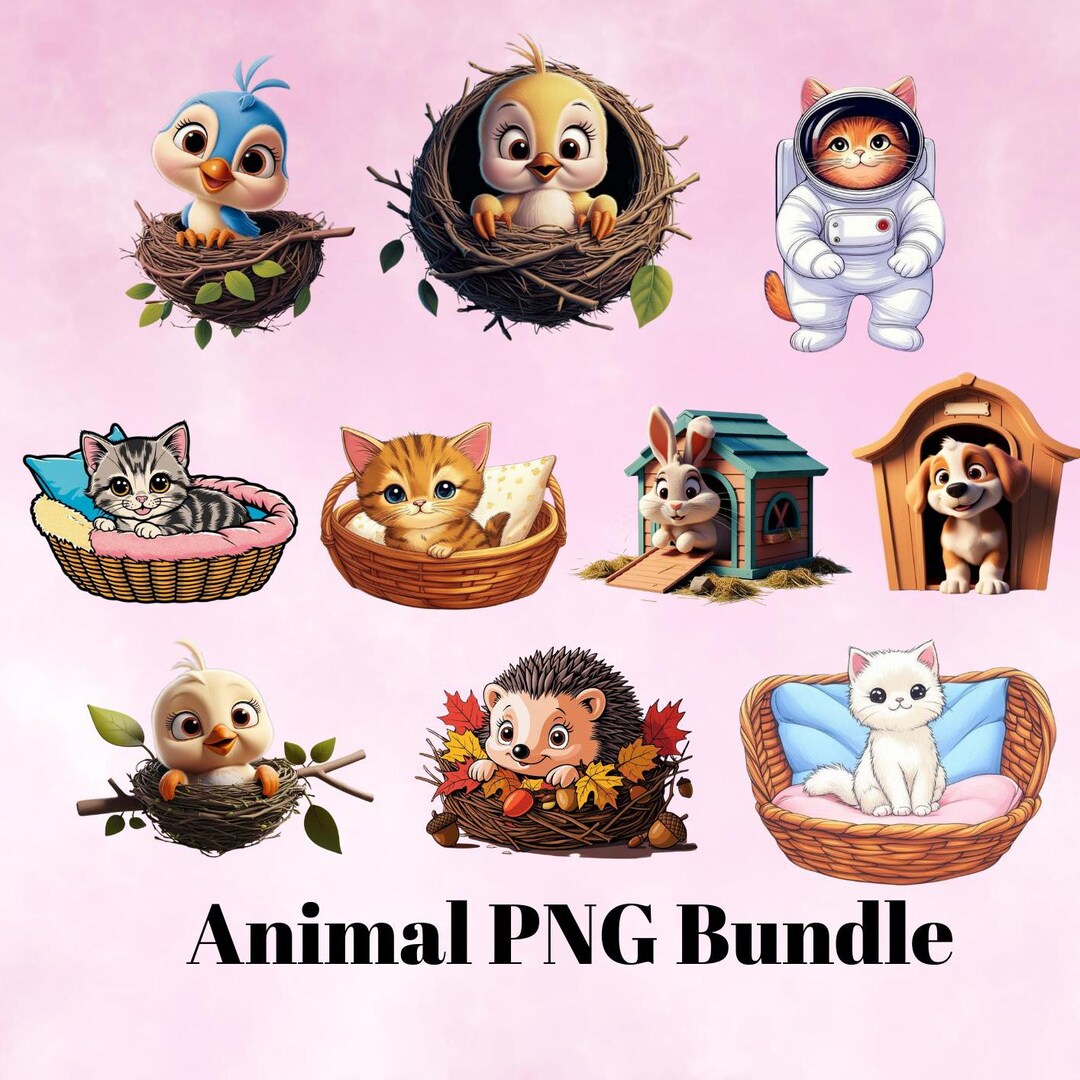 Cute Animal PNG Clipart Bundle, Rabbit, Dog, Cat, Bird (digital ...