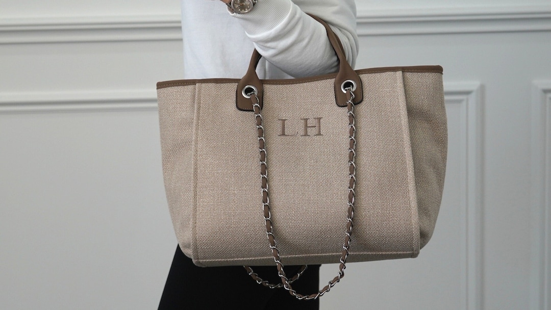 PERSONALISED EMBROIDERED Monogram Shoulder Bag With Chain, Custom Tote ...
