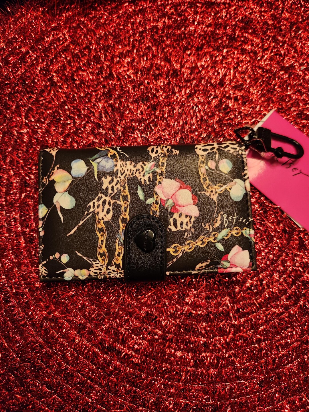 Betsey Johnson Black Leopard Handbag Wallet With Black Metal Logo Key ...