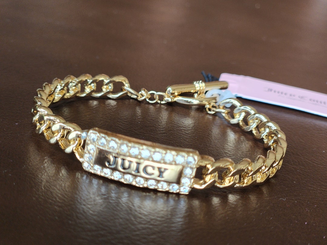 Juicy Couture Gold Tone Metal Bracelet With Rhinestones and Rectangle ...