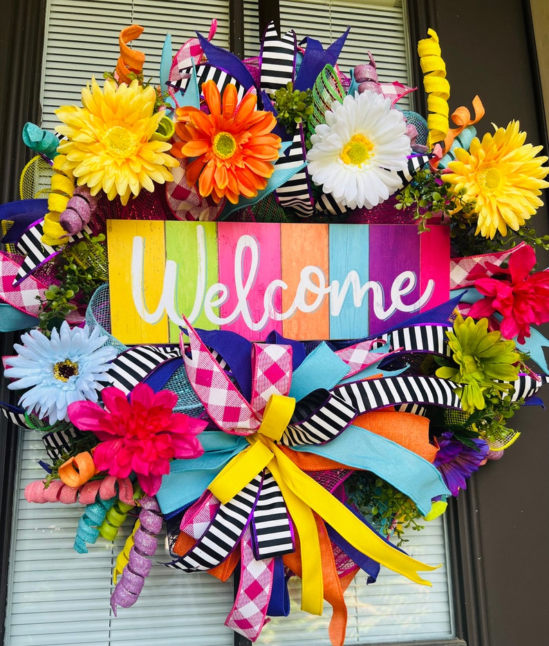 Welcome Colorful Flower Wreath Welcome Colorful Door Wreath - Etsy