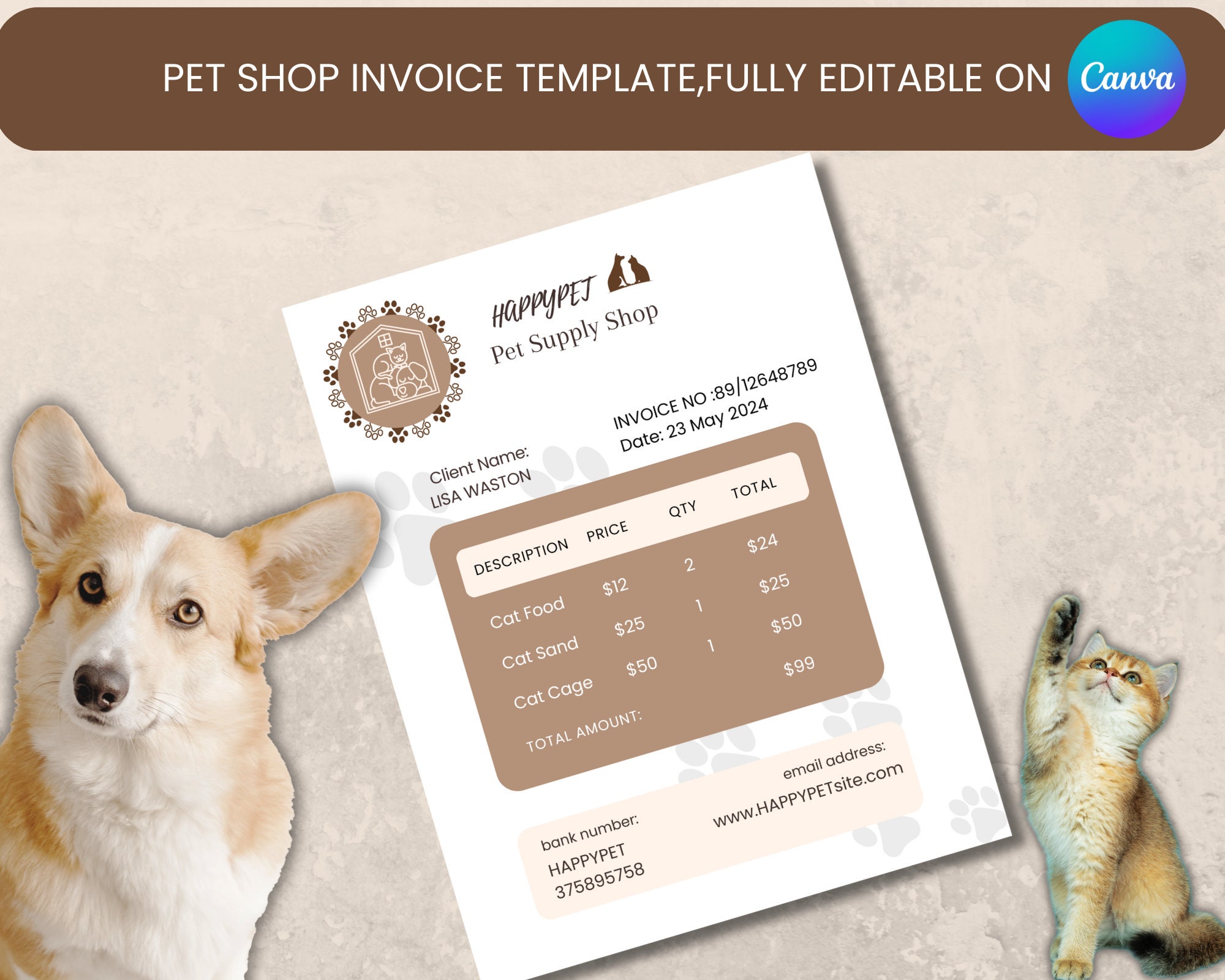 Pet Shop Invoice Editable Template, Pet Store Invoice, Printable ...