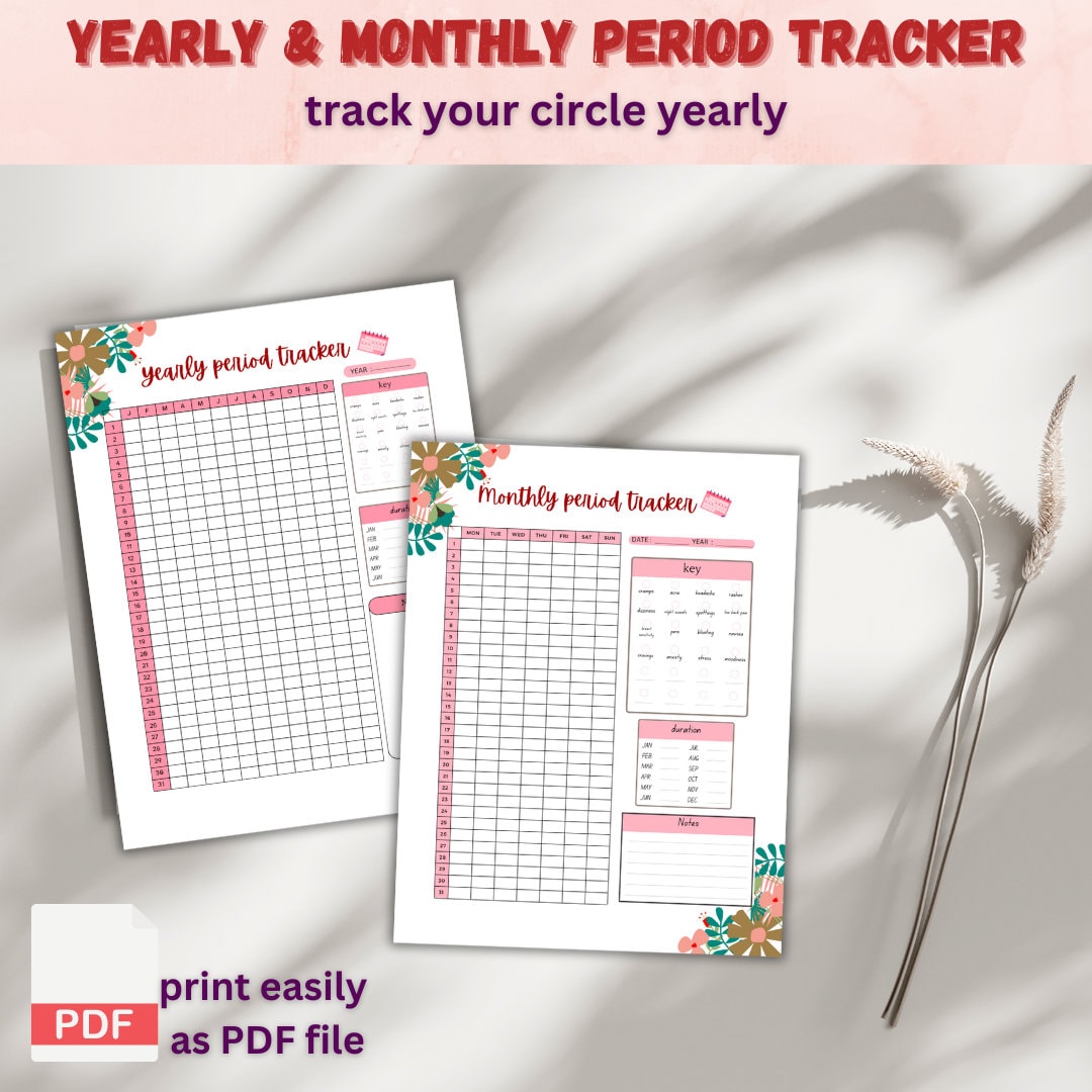 Printable Period Tracker: Yearly and Monthly Cycle Monitoring Menstrual ...