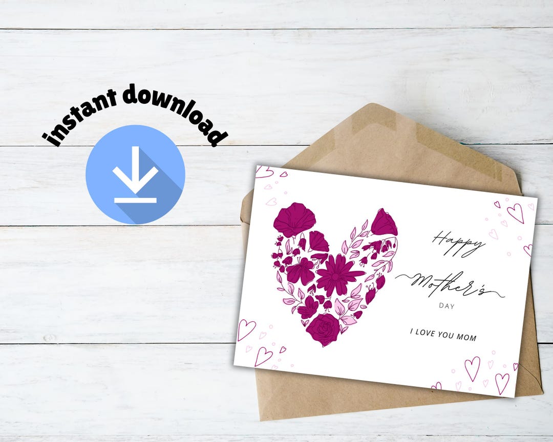 Printable Mother’s Day Card, Happy Mother’s Day, Simple Flower Heart ...