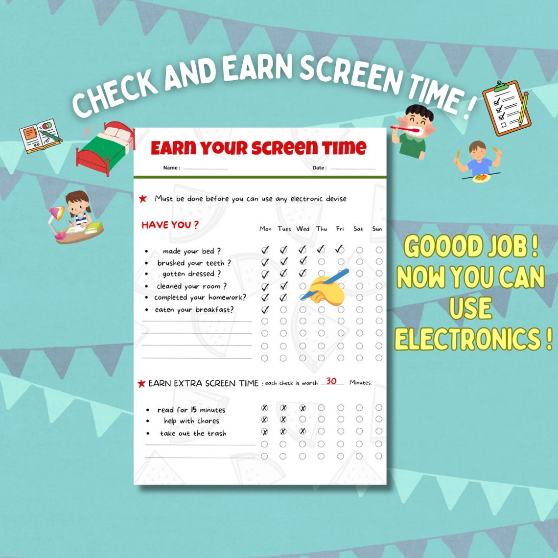 Checklist for Screen Time Chart for Kids Printable Screen Time Tracker ...