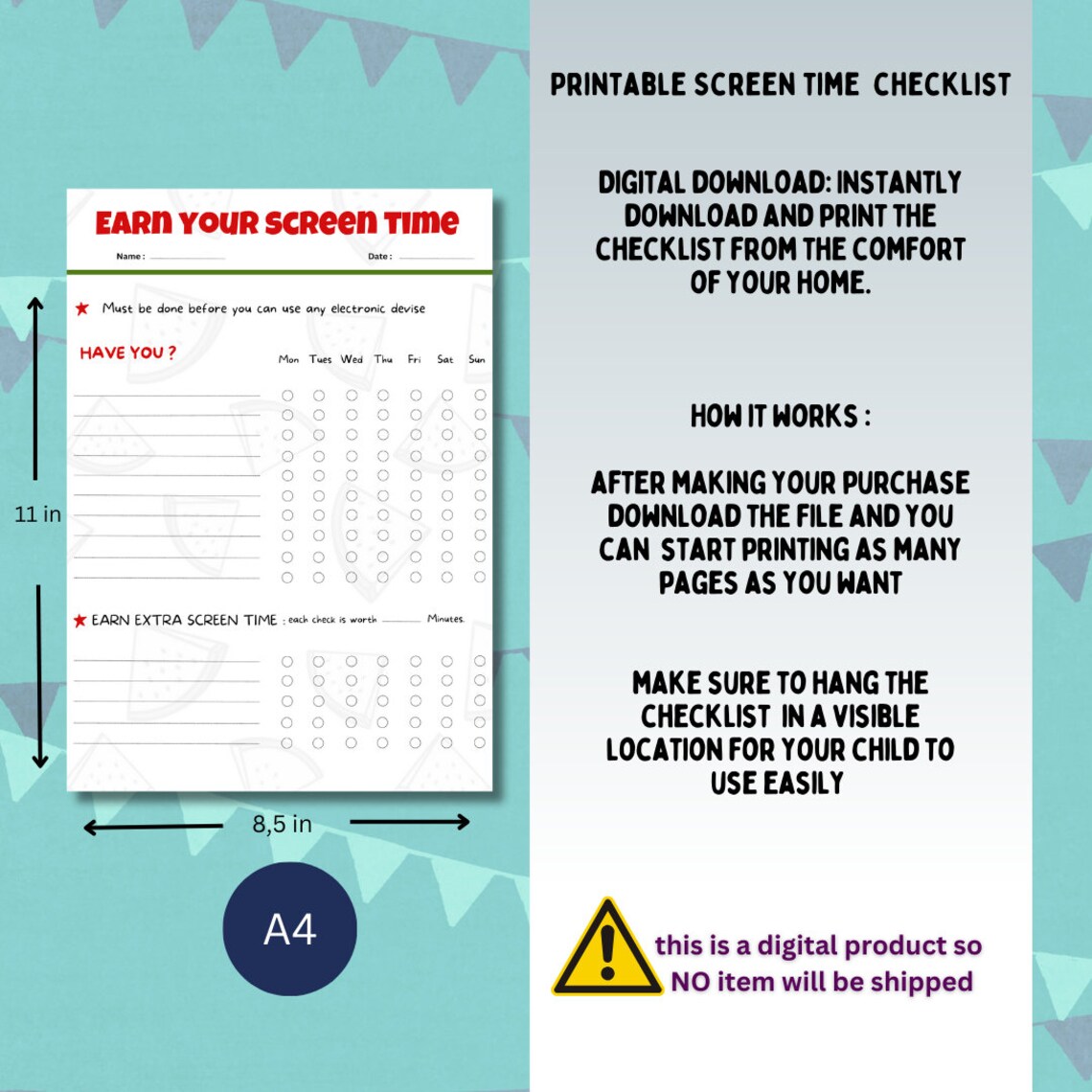 Checklist for Screen Time Chart for Kids Printable Screen Time Tracker ...