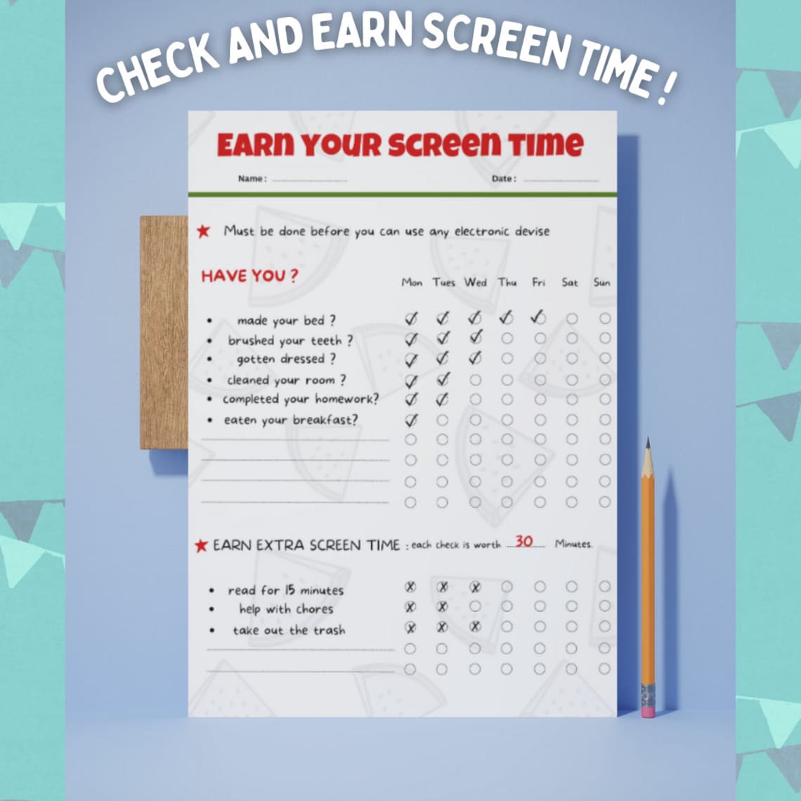 Checklist for Screen Time Chart for Kids Printable Screen Time Tracker ...