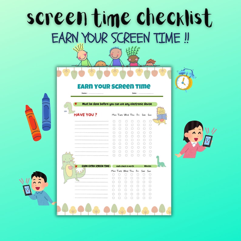 Checklist for Screen Time Chart for Kids Printable Screen Time Tracker ...