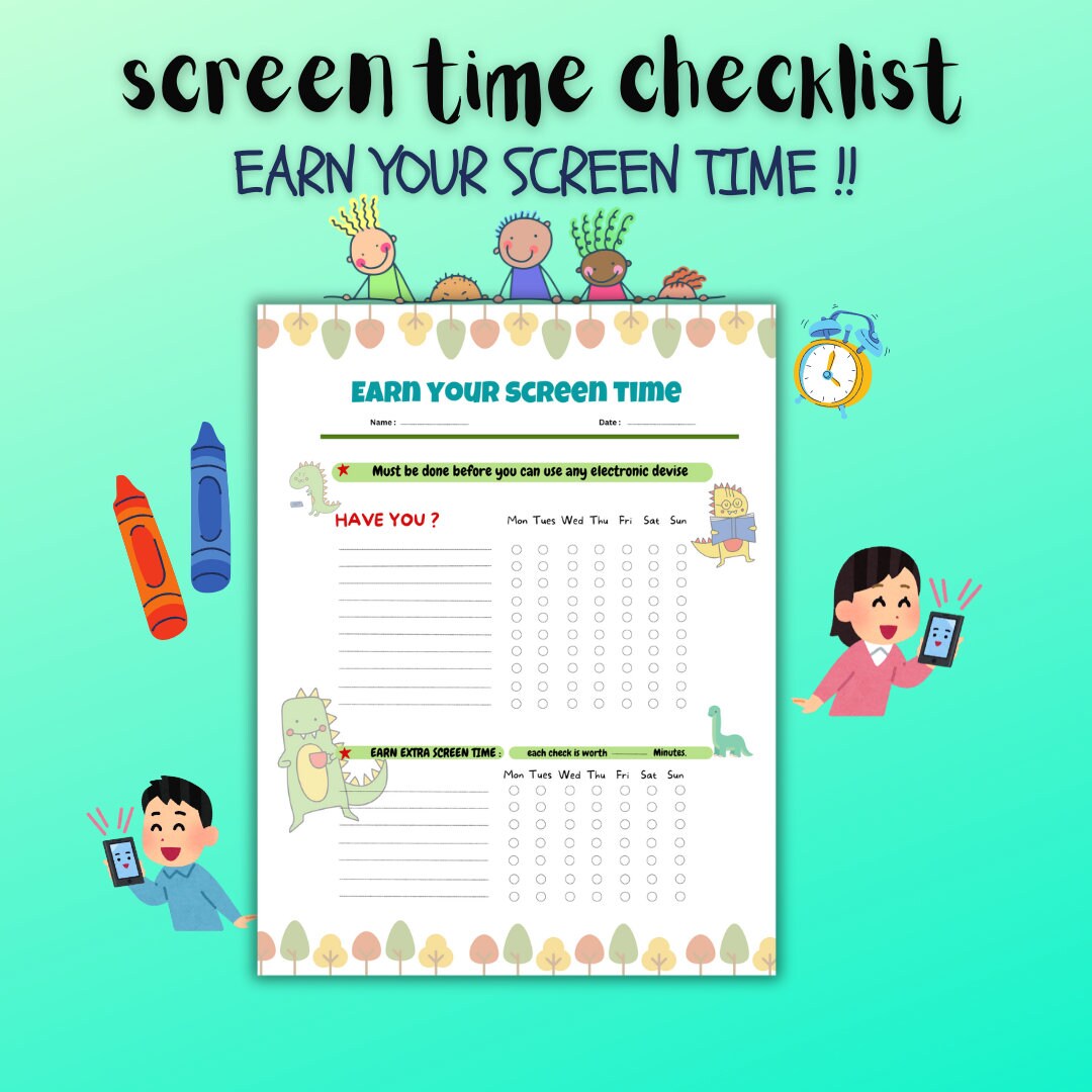 Checklist for Screen Time Chart for Kids Printable Screen Time Tracker ...