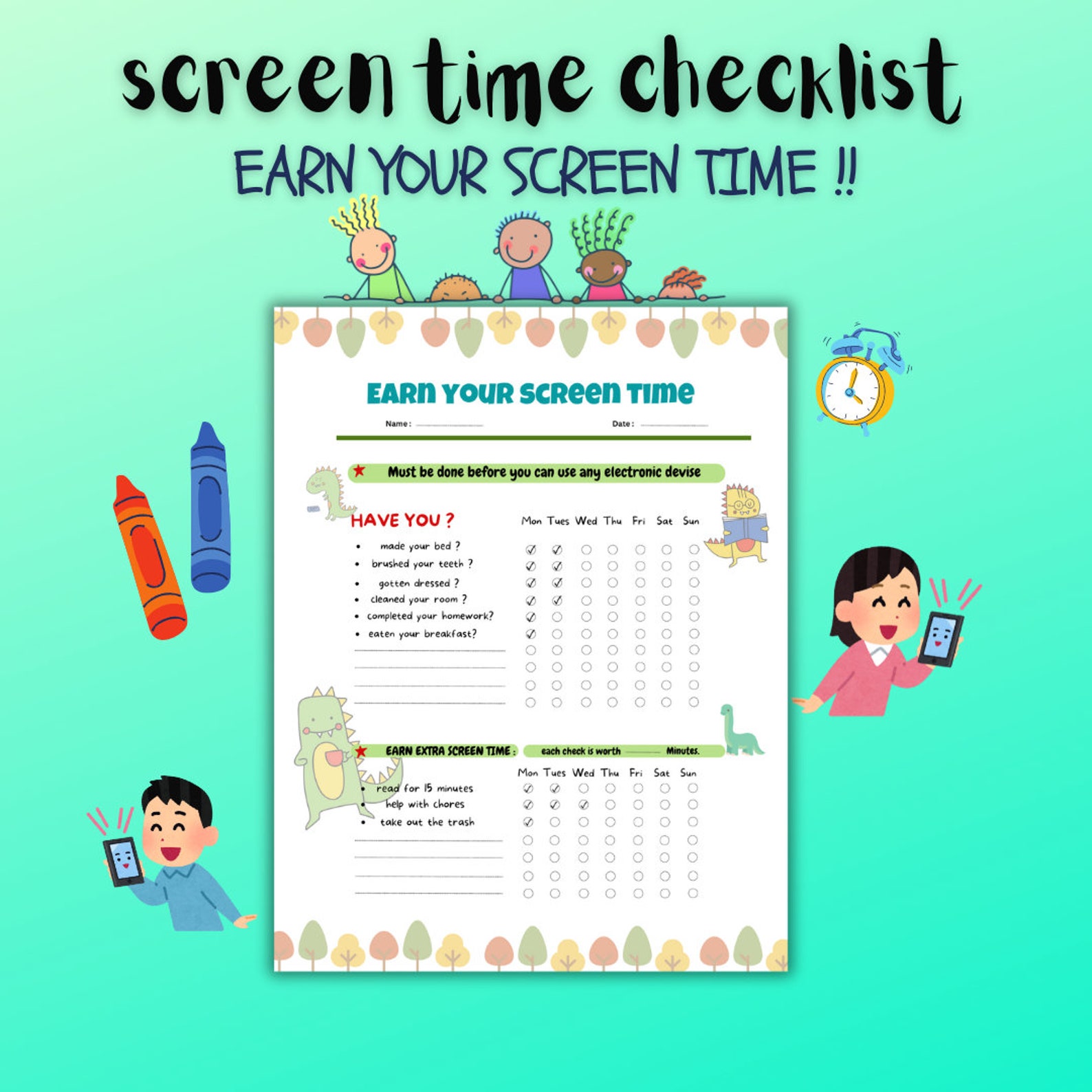 Checklist for Screen Time Chart for Kids Printable Screen Time Tracker ...