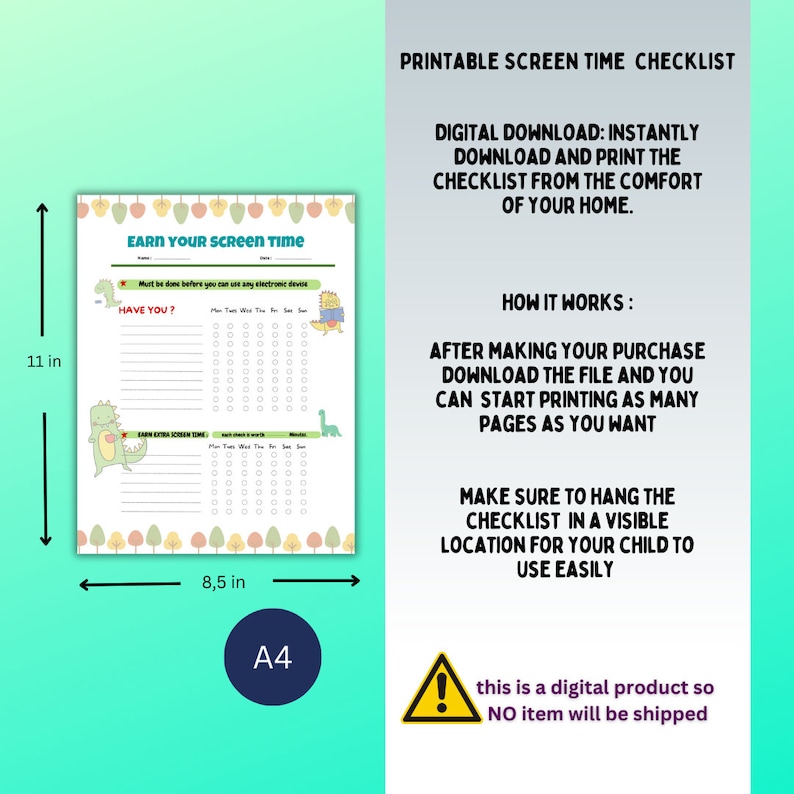 Checklist for Screen Time Chart for Kids Printable Screen Time Tracker ...