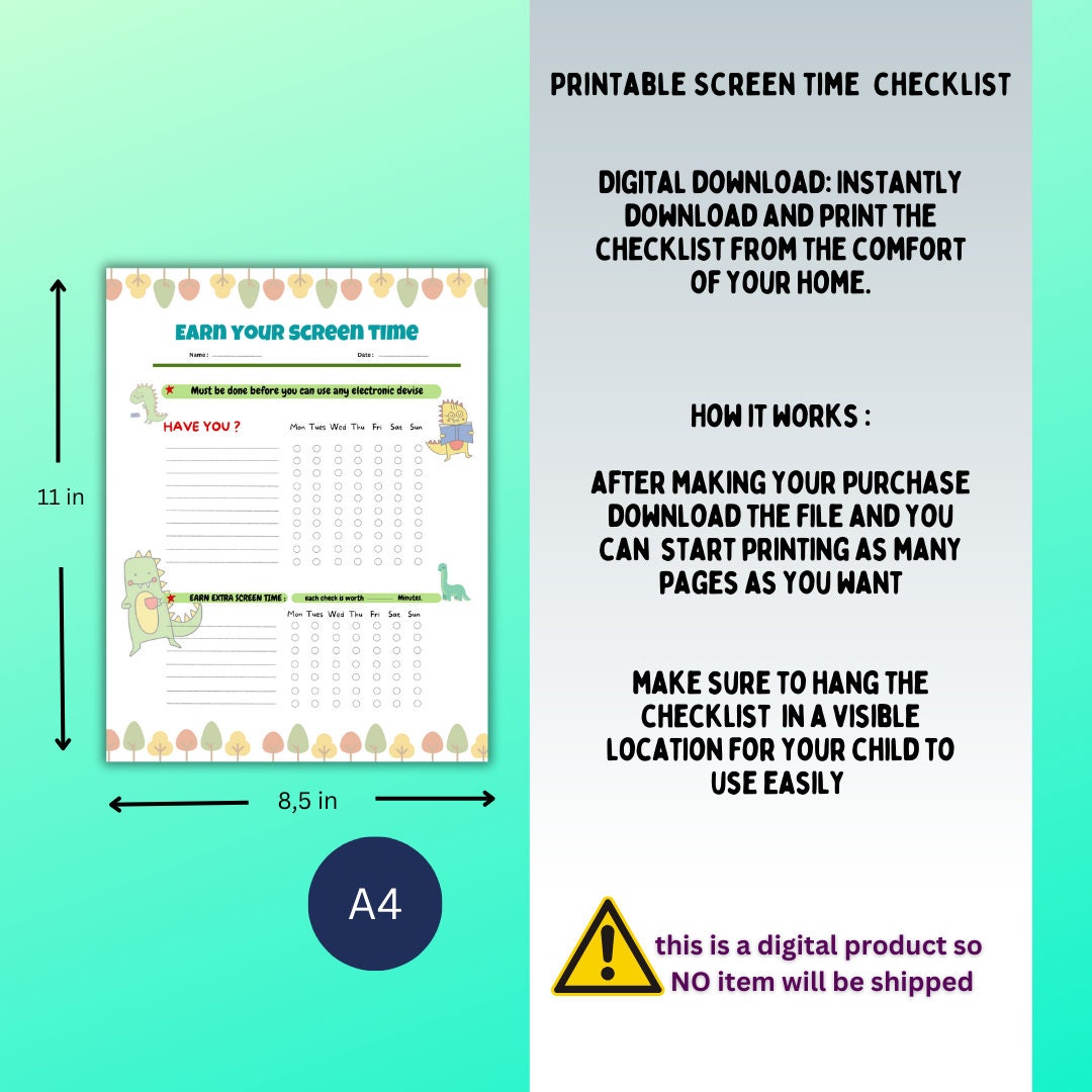 Checklist for Screen Time Chart for Kids Printable Screen Time Tracker ...