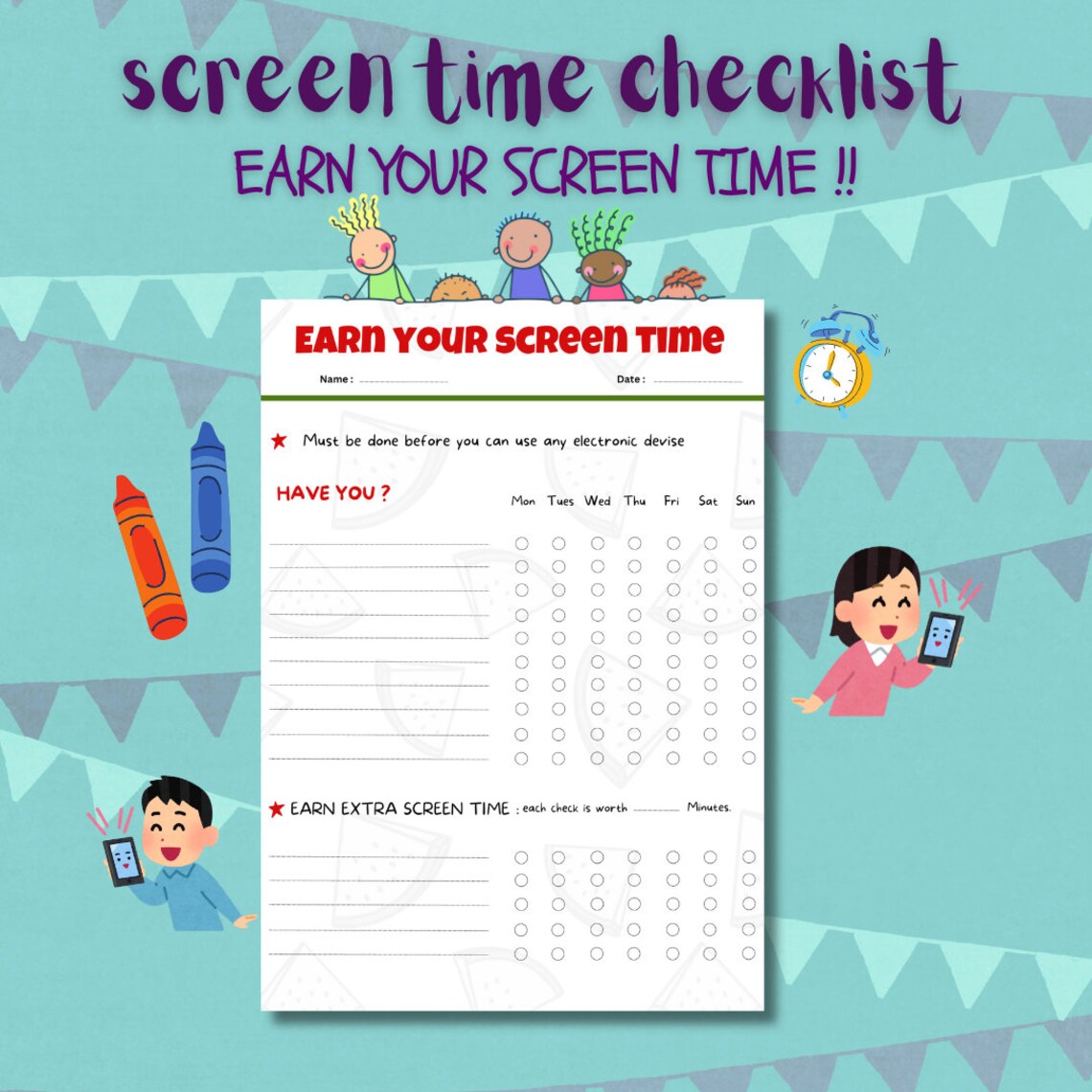 Checklist for Screen Time Chart for Kids Printable Screen Time Tracker ...